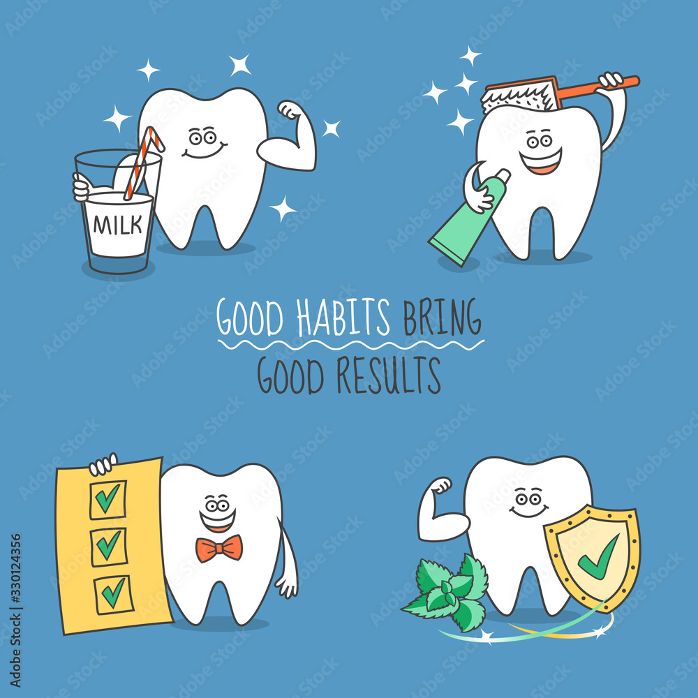 Teeth cartoon set. Tooth with milk, toothbrush, checklist, and shield ...