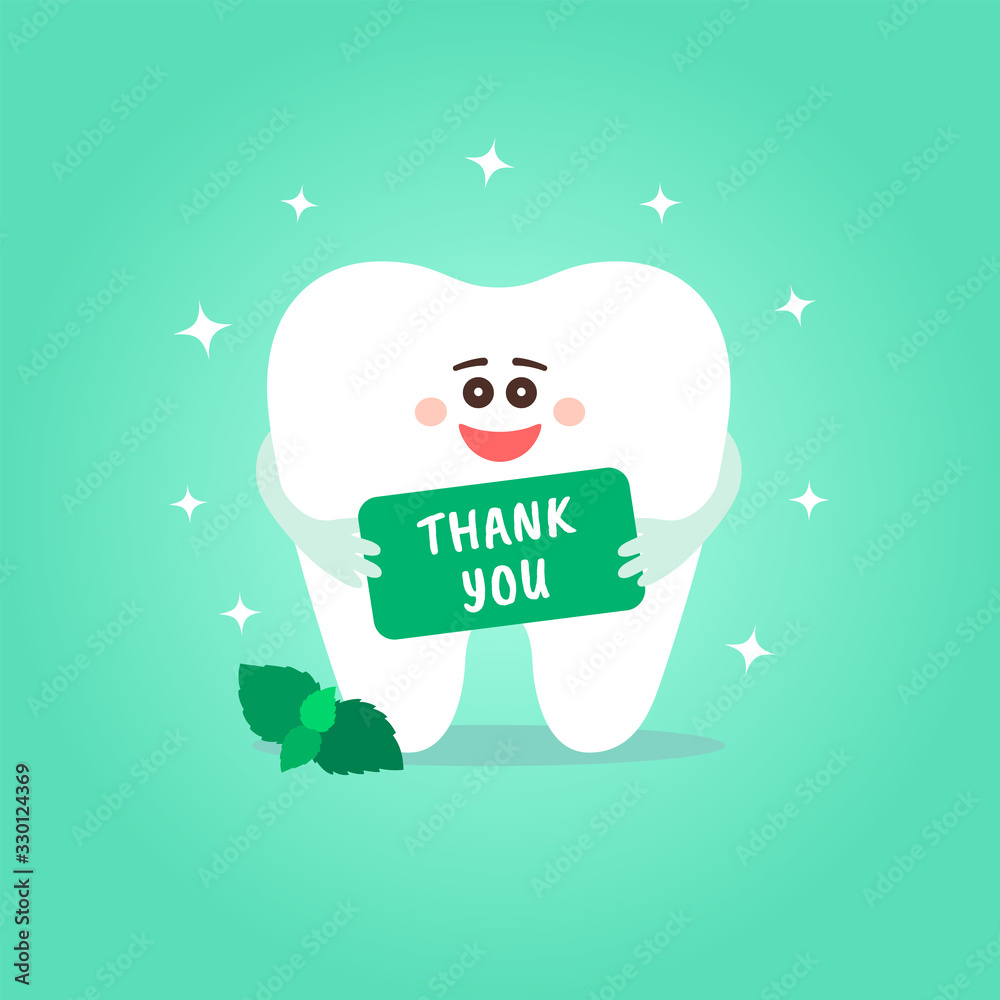Cartoon tooth keeping signboard with thank you and mint. Smiling ...
