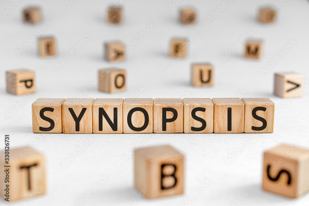 Synopsis - word from wooden blocks with letters, brief tabloid synopsis ...