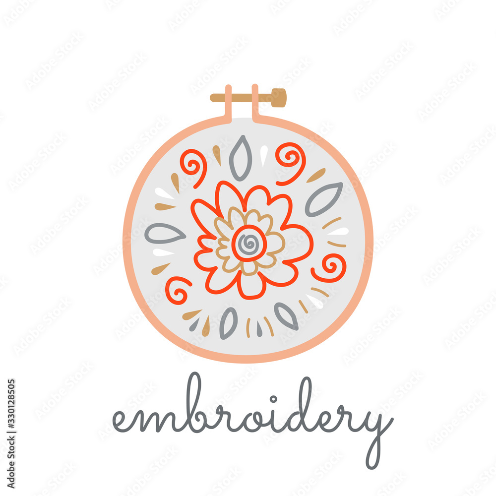 Logo hoop with embroidered flowers in a flat style on a white ...