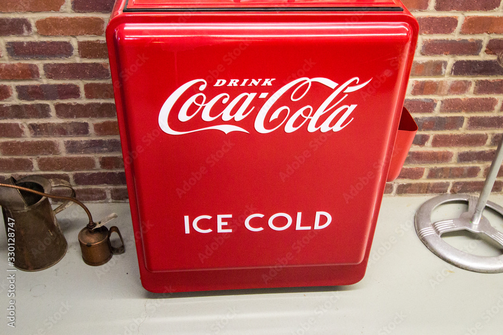 Vintage Coca Cola Company logo on store mini fridge Stock Photo | Adobe ...