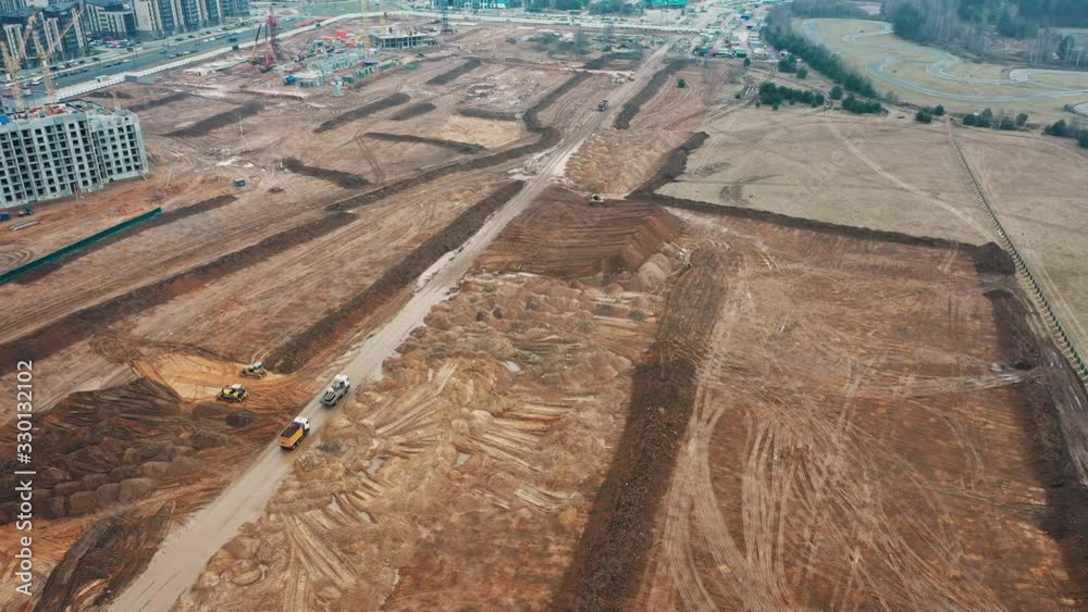 Construction logistics in big city on special site block flat top view ...