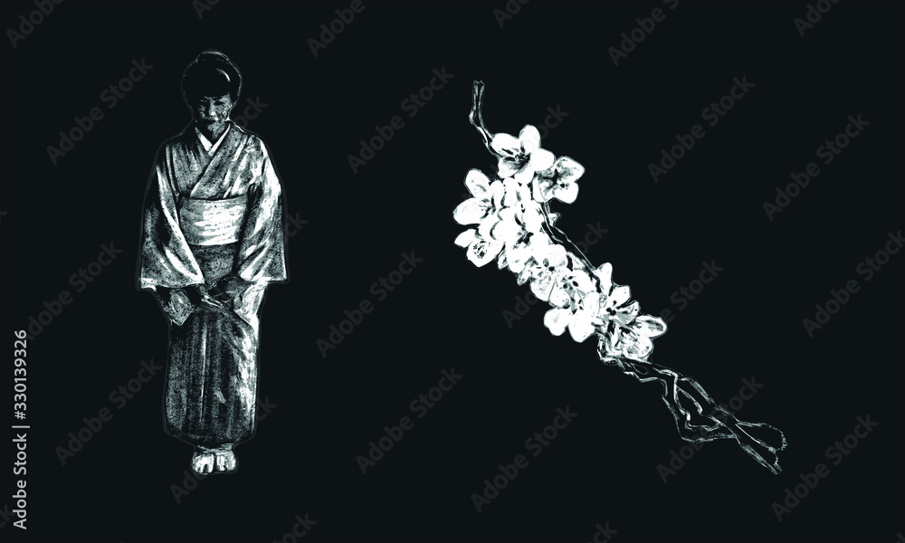 Japanese woman in traditional kimono. Set of design elements, hand ...