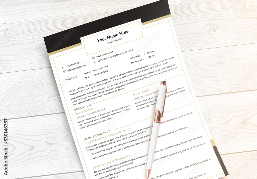 Resume Layout with Black and Gold Accents Stock Template | Adobe Stock