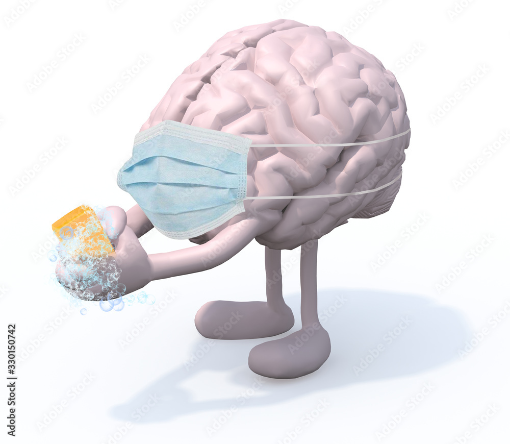 human brain with arms, legs and surgery mask washes his hands with soap ...