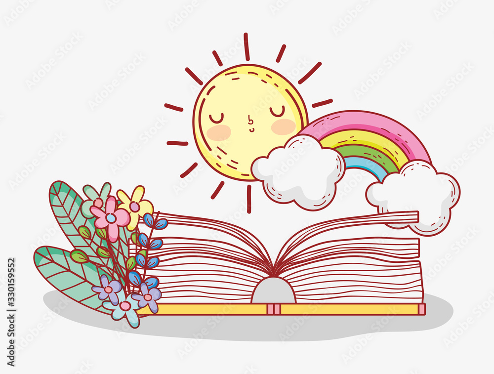 open book rainbow clouds sun flowers foliage Stock Vector | Adobe Stock