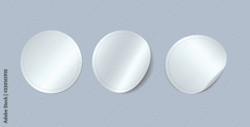 Circle adhesive symbols. White tags, paper round stickers with peeling ...
