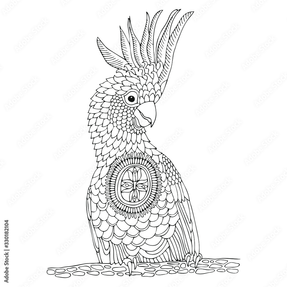 Cockatoo. Hand drawn parrot. Sketch for anti-stress adult coloring book ...