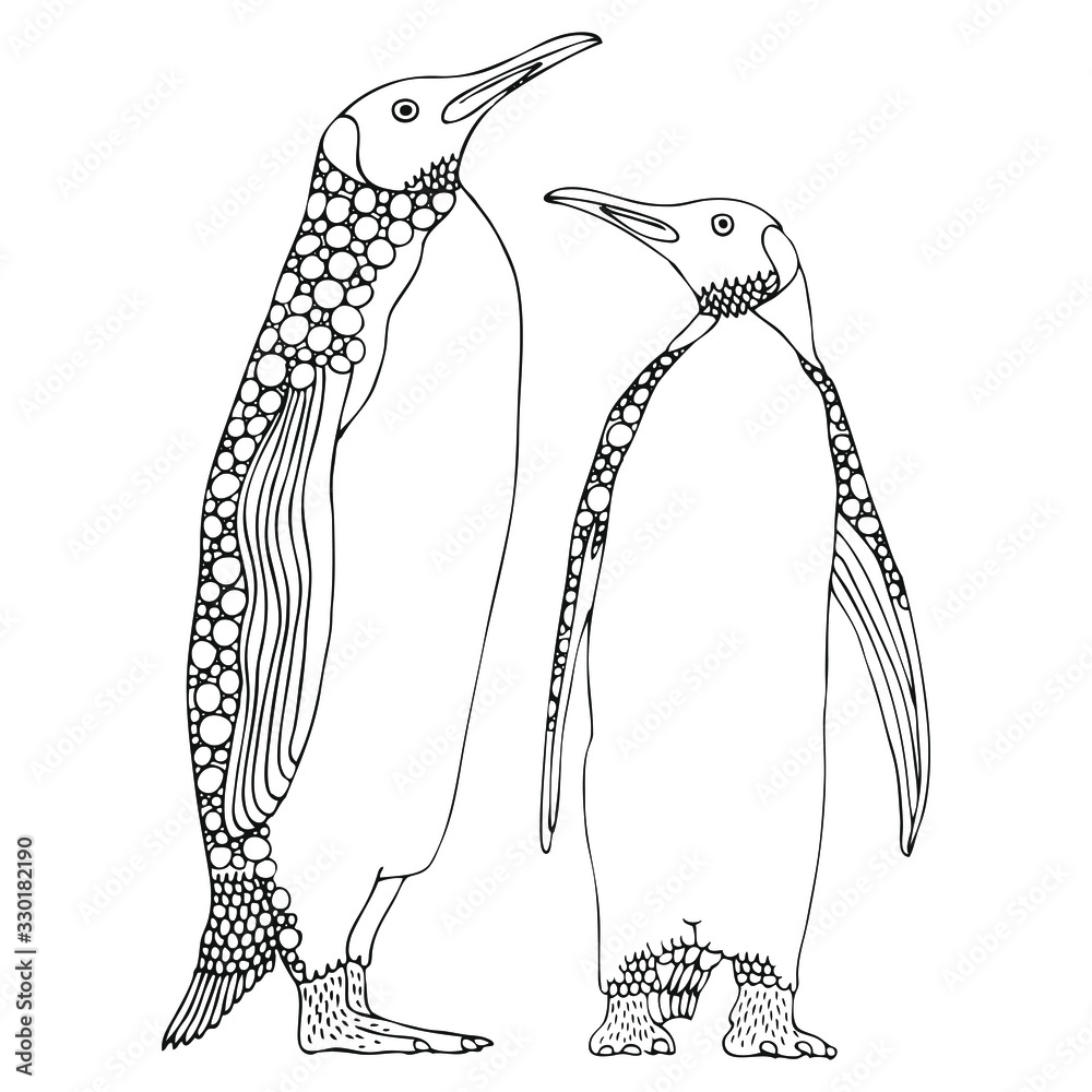 Two penguins. Hand drawn picture. Sketch for anti-stress adult coloring ...