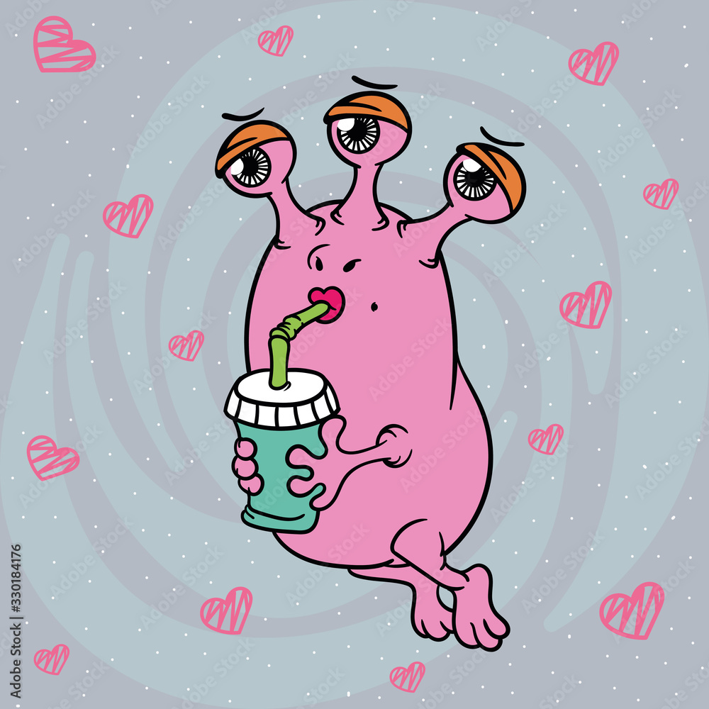 cute Flirty pink three-eyed girl alien in space with a glass ...