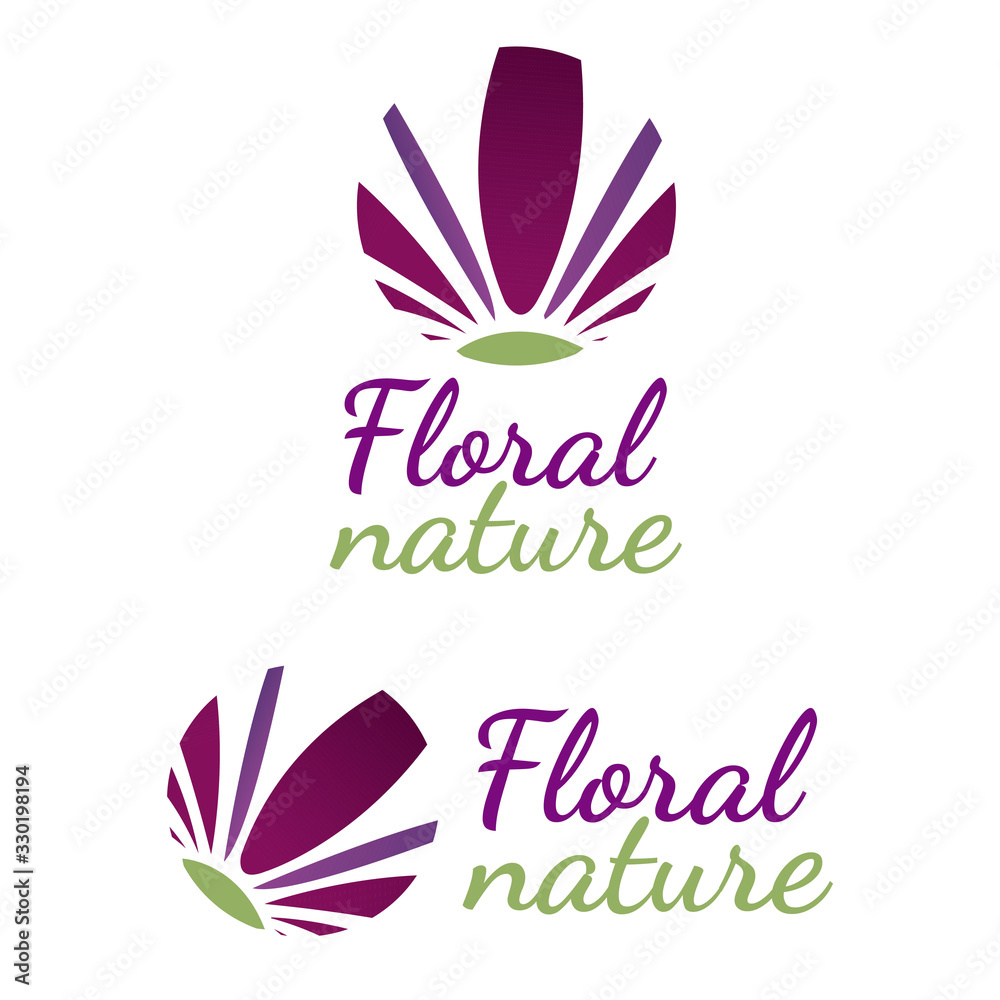 Vector illustration of a purple flower with green leaves and cursive ...