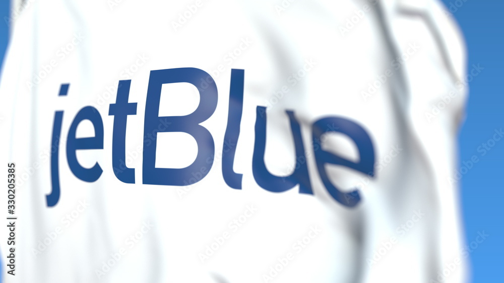 Flying flag with JetBlue logo, close-up. Editorial 3D rendering Stock ...