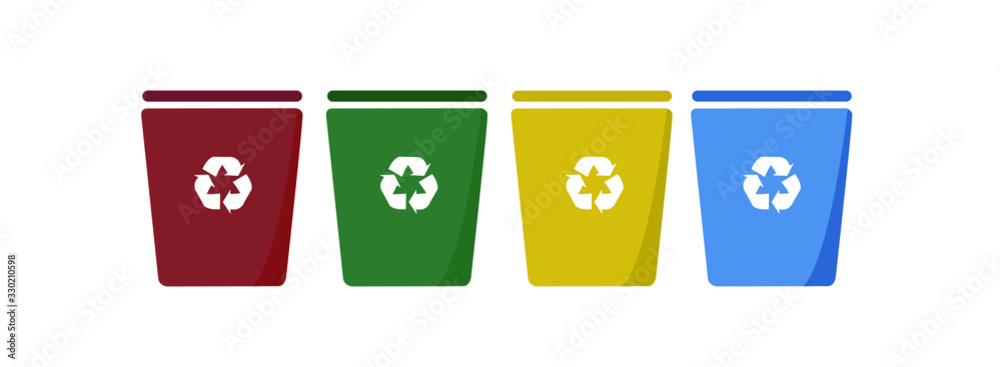 Colorful different types of bins for recycling on white background ...