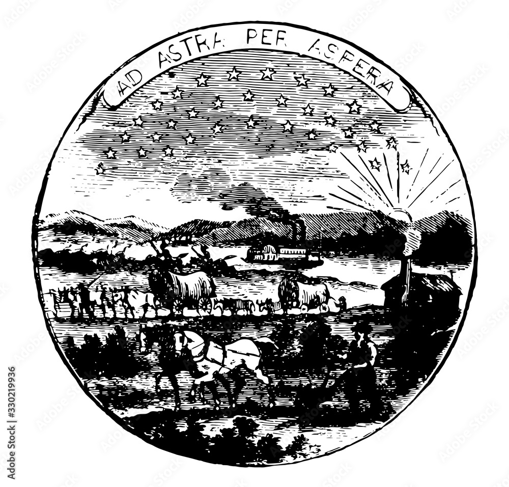 The official seal of the U.S. state of Kansas in 1889, vintage ...
