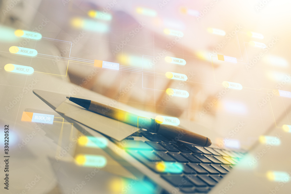 Multi exposure of desktop with personal computer and tech theme drawing ...