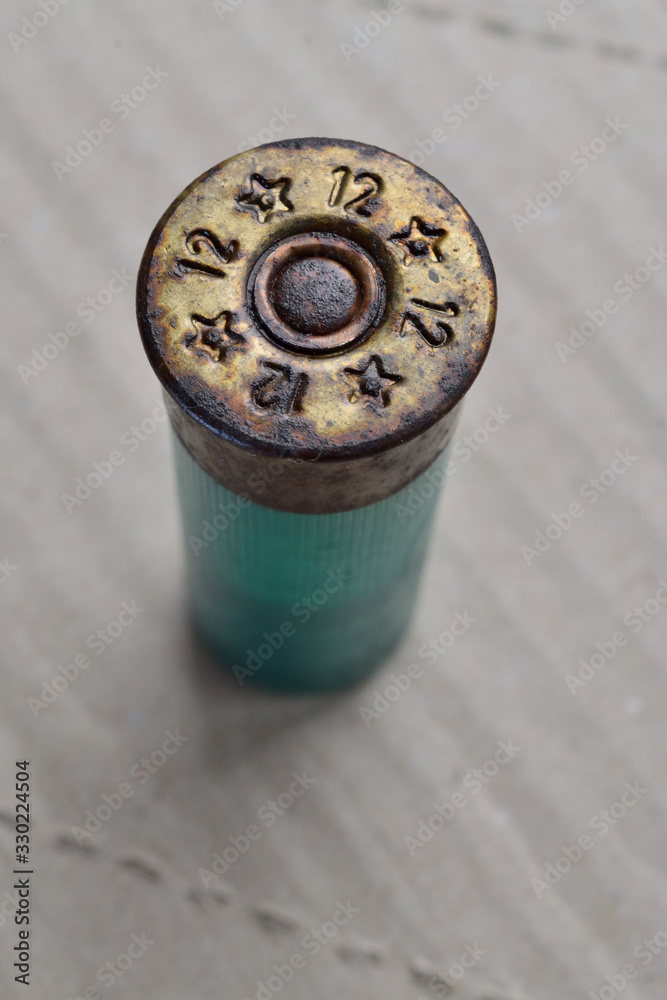 12 gauge slug cartridge for shotgubn with green plactic case and rusted ...
