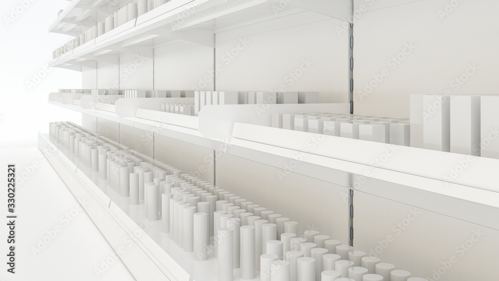 3D image of supermarket grocery shelving mockup in close up view with ...