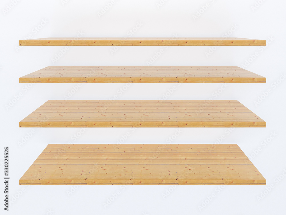Set of four wooden plank shelves with different angle of view. With ...
