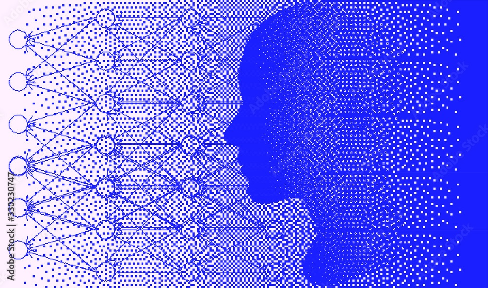 Pixel art illustration with human head made of particles. Concept ...