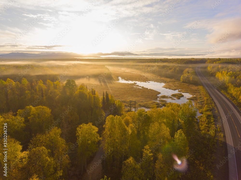 Alaska Route 3 aka George Parks Highway and Alaska landscape aerial ...