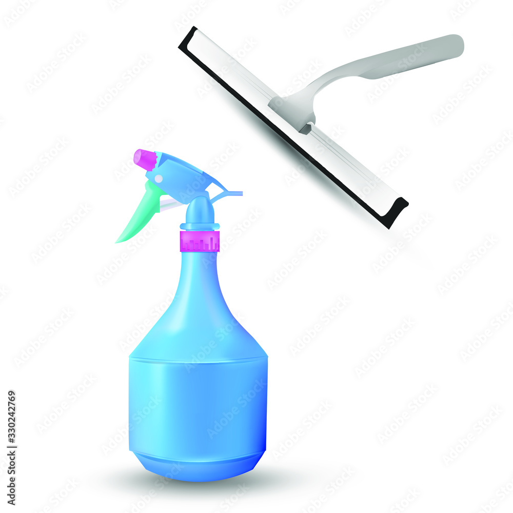 Realistic Glass Cleaner Spray Soap and Wiper Icon Set Isolated on White ...