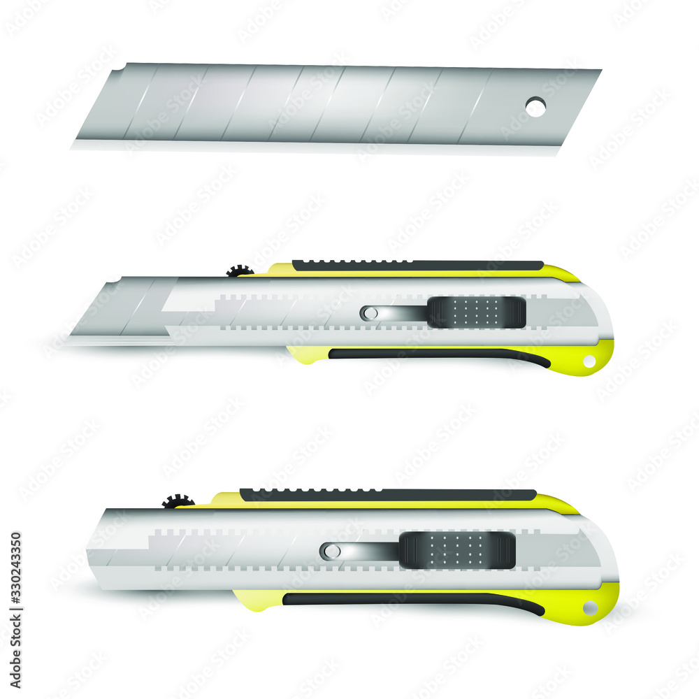 Realistic Snap Off Sharp Blade Cutter Shippers Icon Set Isolated on ...