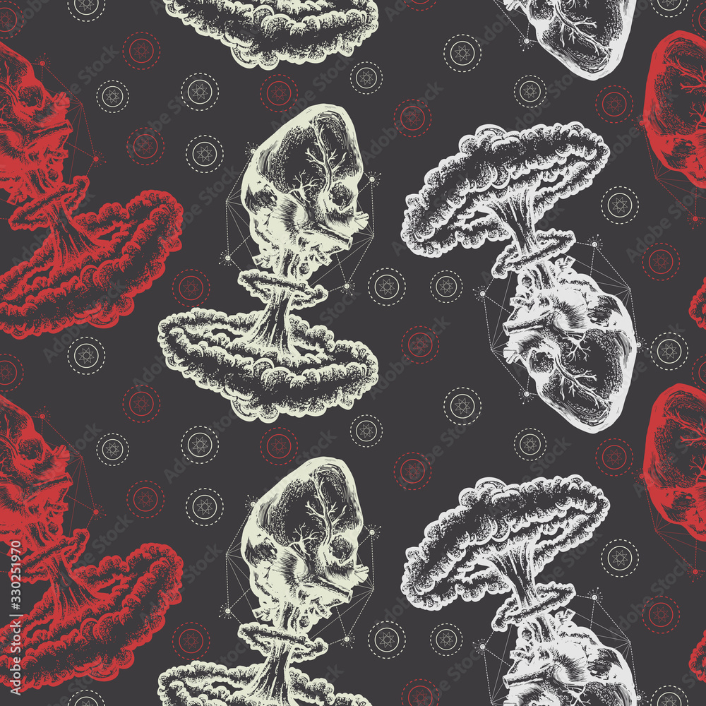 Nuclear explosion of anatomical heart. Seamless pattern. Packing old ...
