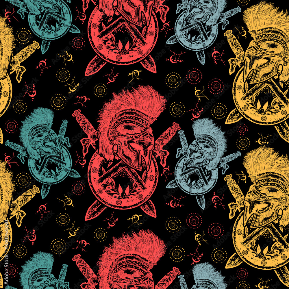 Spartan helmet crossed swords and shield. Seamless pattern. Packing old ...