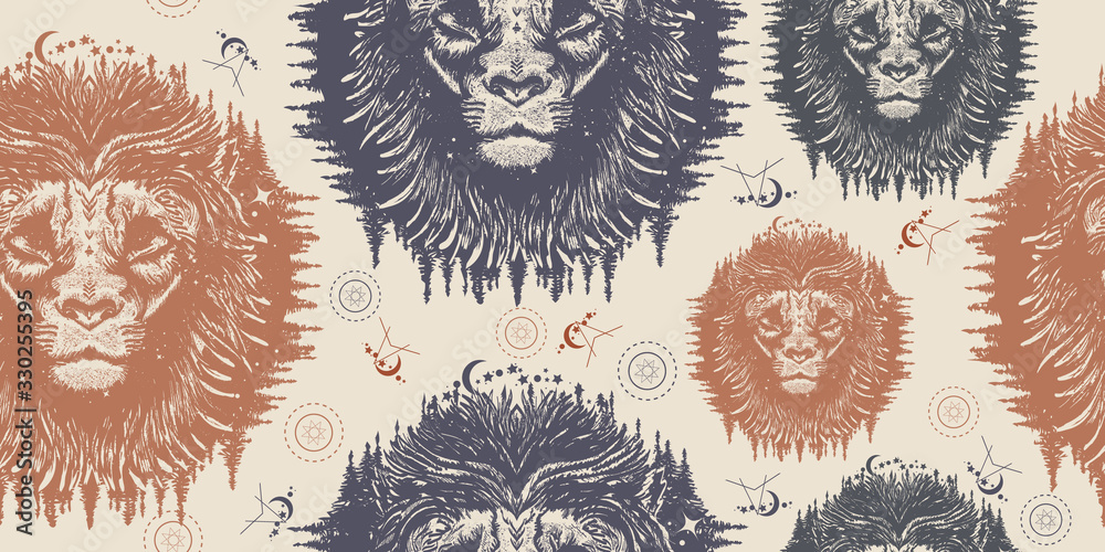 Magic lion in the night sky. Symbol travel, tourism, adventure ...