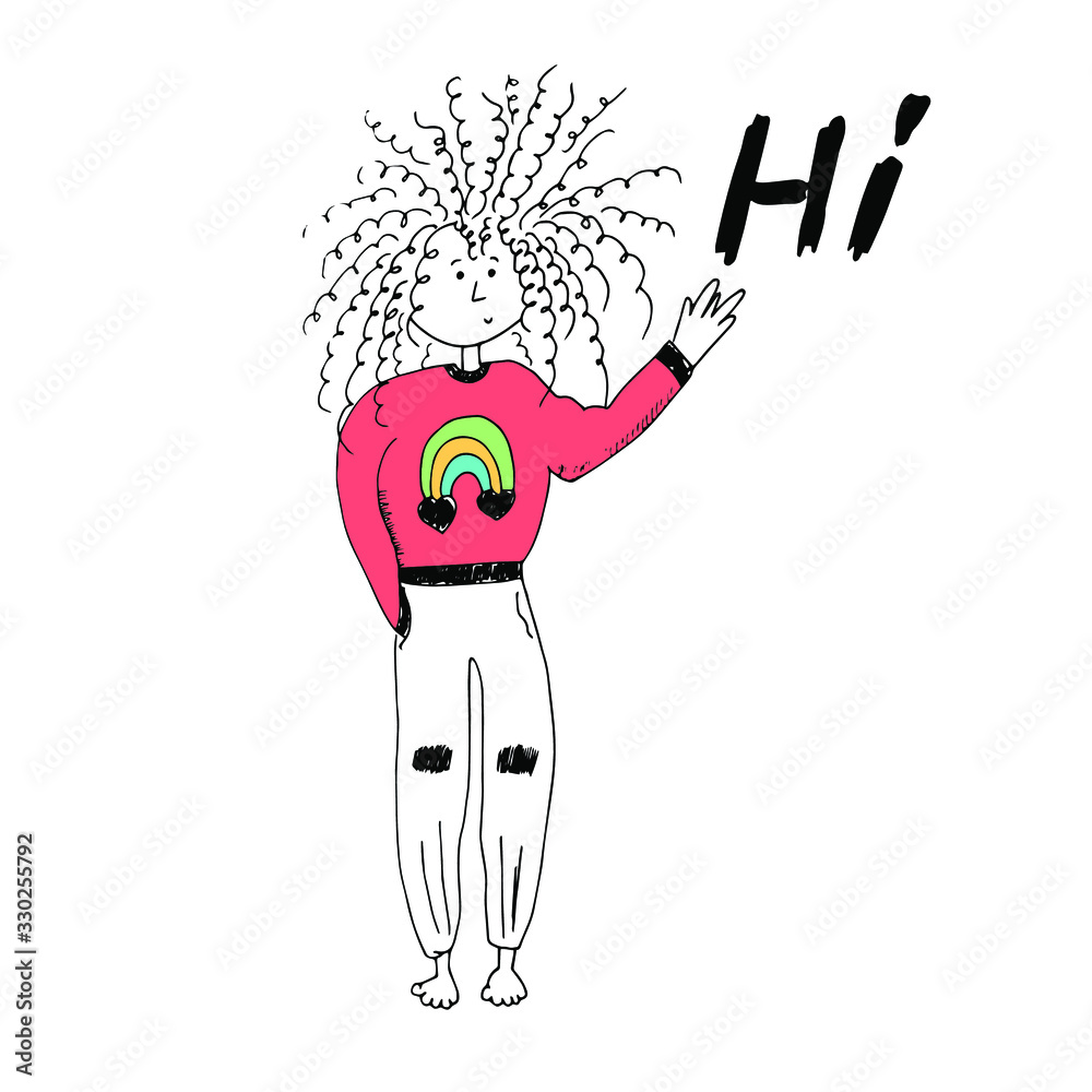Vecteur Stock Hand drawn sketch of young girl, she say Hi. Vector ...