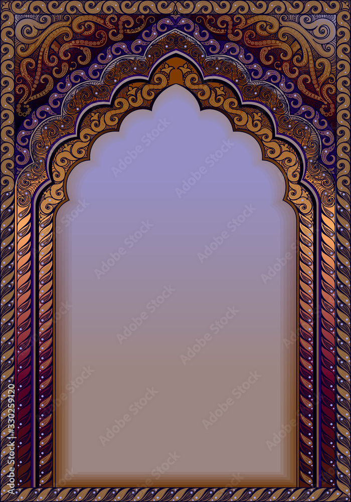 Indian ornamental arch. A4 format, text box, colors purple and gold ...