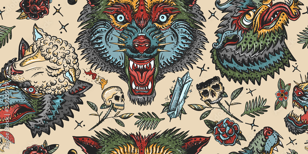 Werewolf in sheep clothing seamless pattern. Magic fairy tale style ...