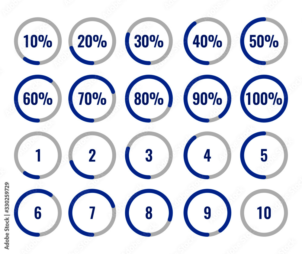 Set of circle percentage and countdown diagram fom 10-100 percent and 1 ...