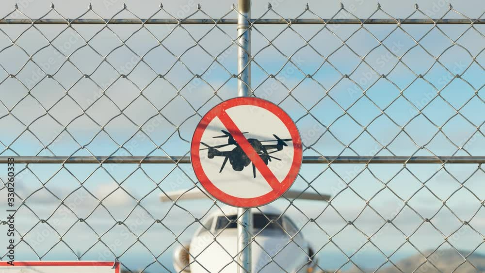 Zooming-out view at a sign of area prohibited for drones. Airport ...
