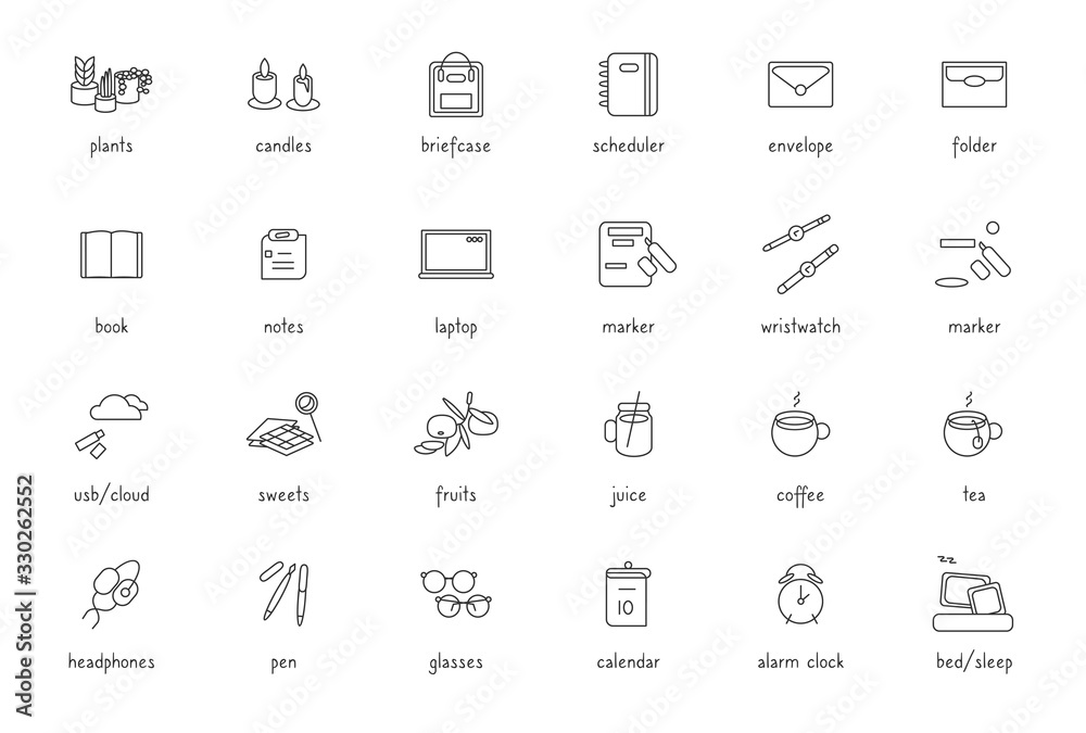 Modern black line icon set for bullet journal design, planner ...