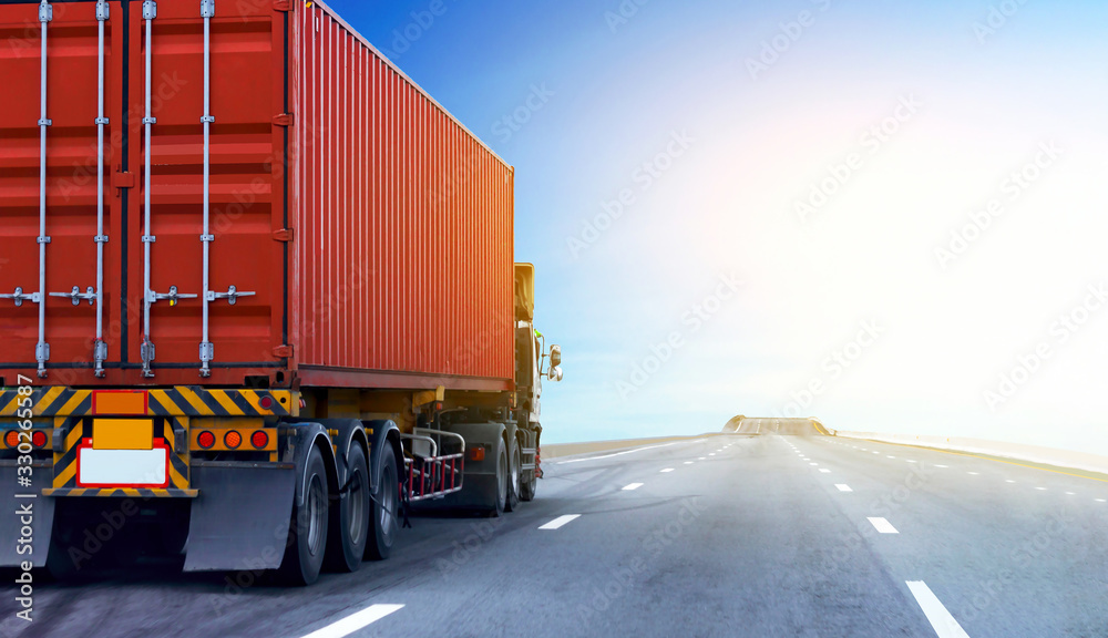 Truck on highway road with red container, transportation concept ...