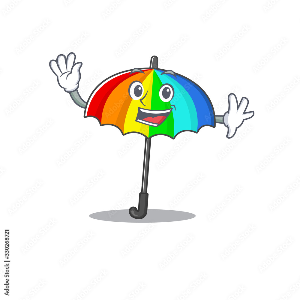 Smiley rainbow umbrella cartoon mascot design with waving hand Stock ...