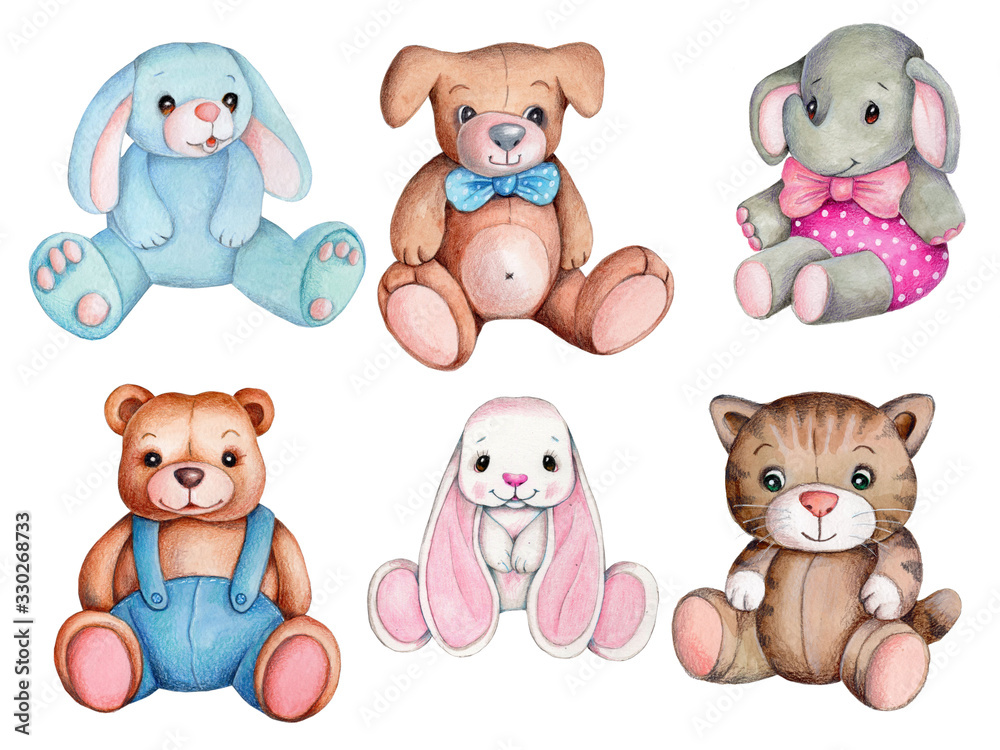Set of watercolor hand drawn cute toys animals, isolated. Stock ...