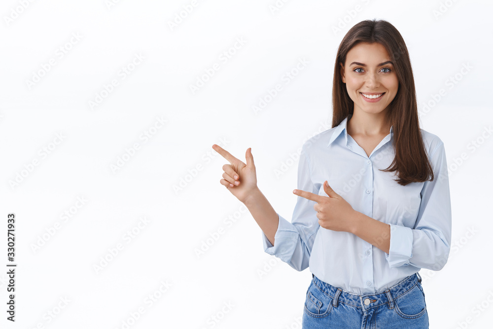 Professional smiling young woman help customer find where go, showing ...