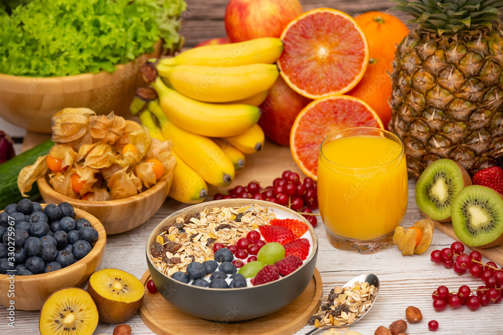 Group Fruits Breakfast mixed vegetables with salad bowl, nuts bowl ...