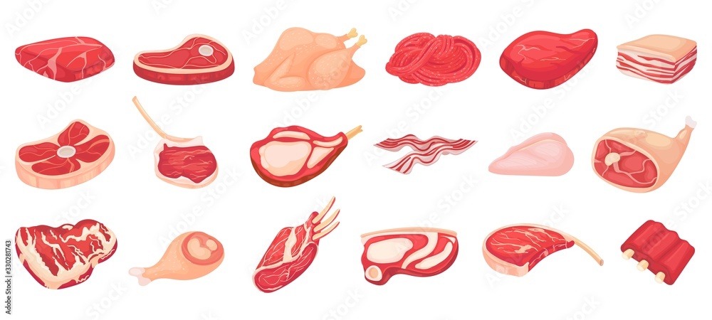 Cartoon raw meat. Bacon, steak and beef minced meat. Rack of ribs ...