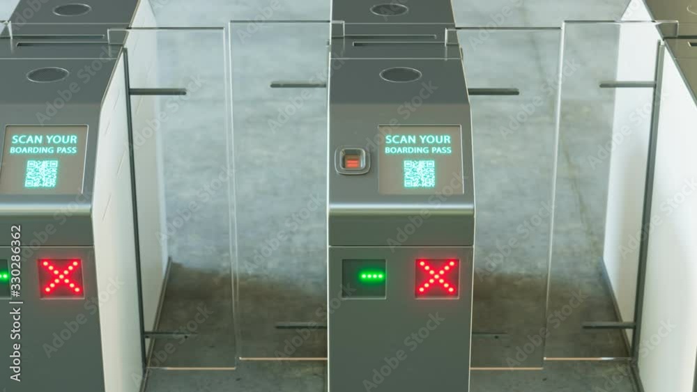 Loopable view at mobile border gates at the airport. Scan boarding pass ...