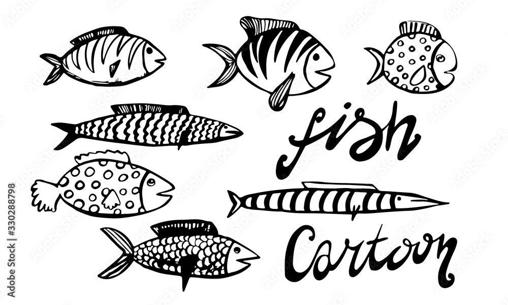 Vector hand drawn doodle fish icon. Logo design template. Cute hand ...