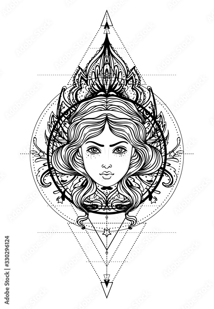Divine goddess. Black and white girl over sacred geometry sign ...