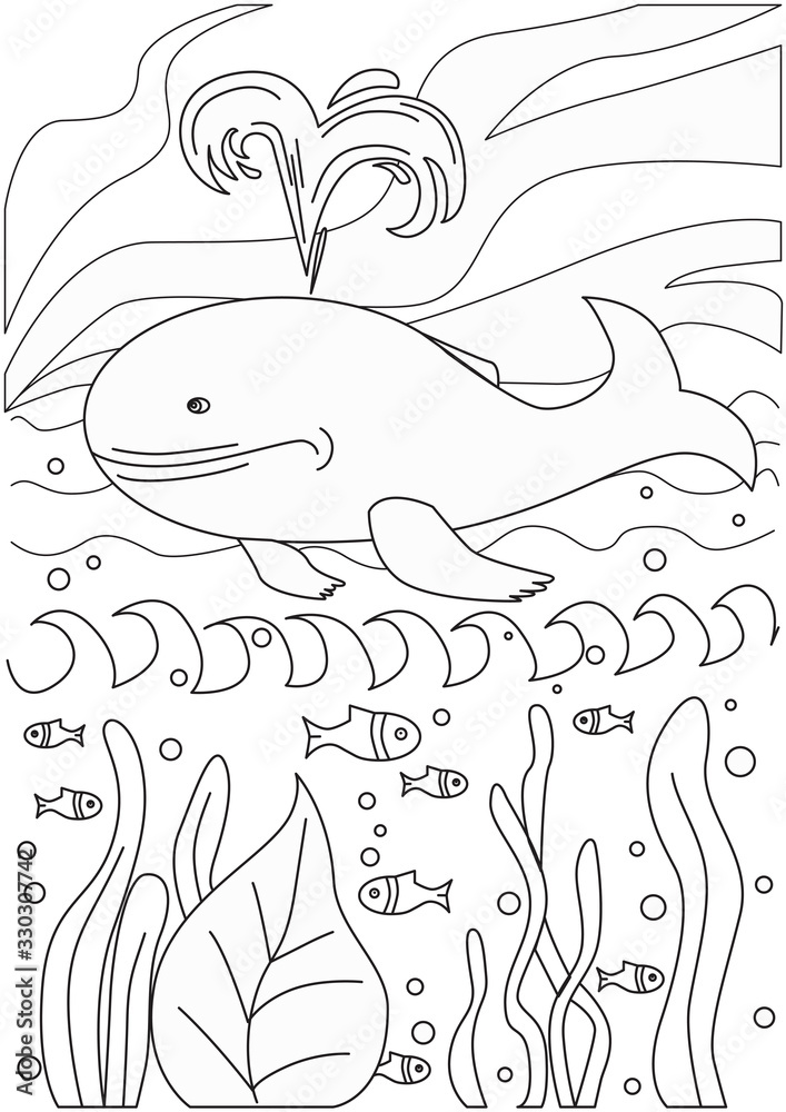 Whale, fish and algae on a white background as a coloring page in A4 ...