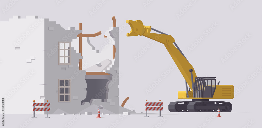 Demolition of old building. Vector demolition excavator. Isolated ...