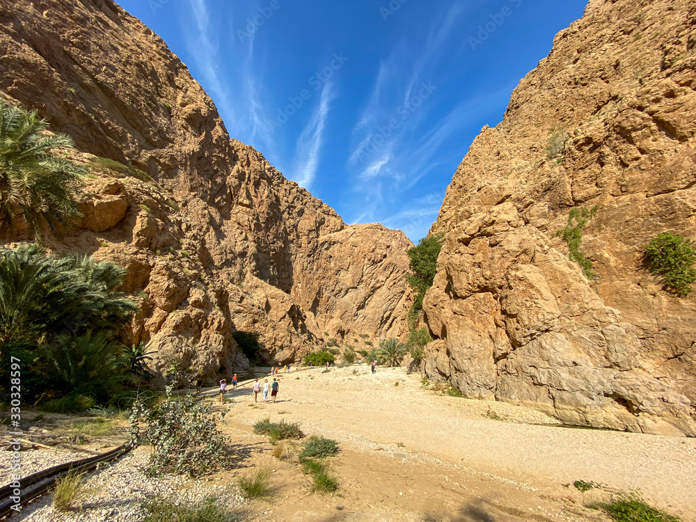 Wadi Shab river canyon, Sultanate of Oman. Natural mountain landscape ...