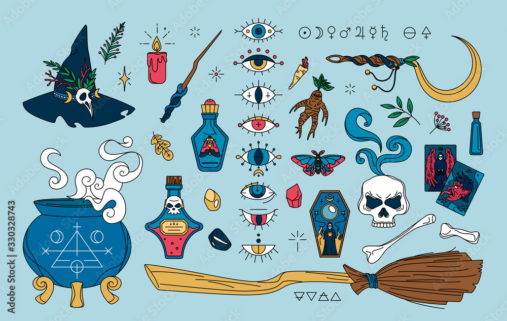 Witchcraft elements set in hand drawn style. Black magic collection ...