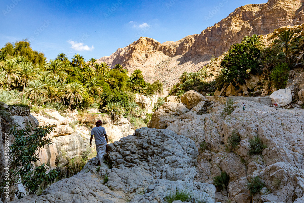 Wadi Shab river canyon, Sultanate of Oman. Natural mountain landscape ...