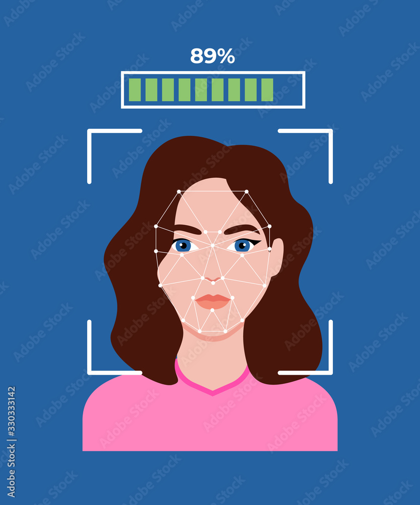 Facial recognition technology. Woman's face scanned on screen. Stock ...